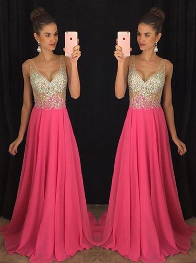 Trendy V-neck Sweep Trian Rose Pink Prom Dress With Beading on Luulla