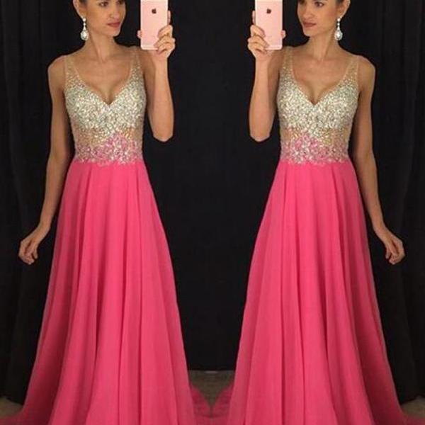 Trendy V-neck Sweep Trian Rose Pink Prom Dress With Beading on Luulla